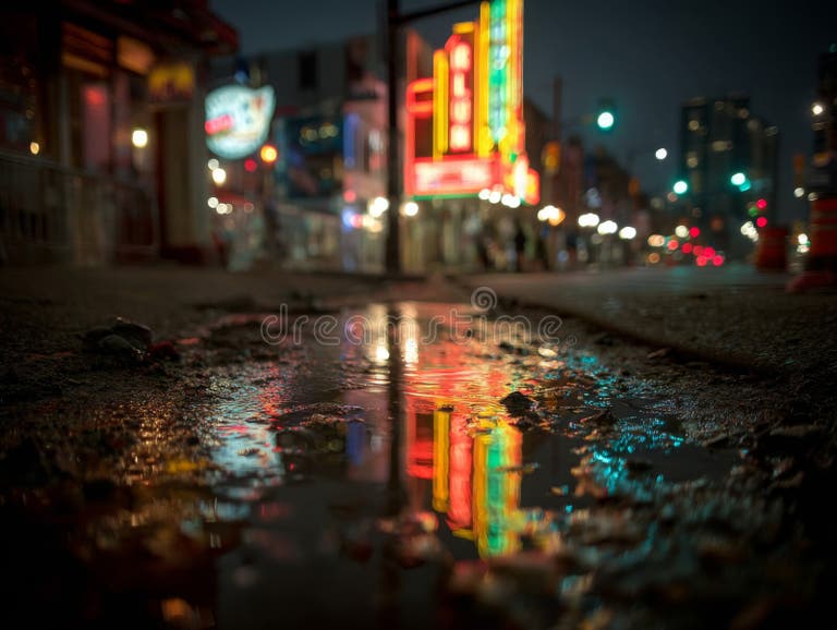 Night City Street Reflection in Puddle Stock Illustration ...