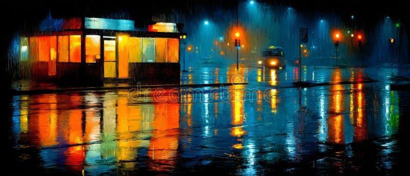 Night City Street Reflection in Vivid Colors Stock Illustration ...