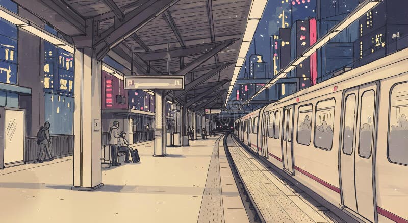 Night City Subway Platform stock illustration. Illustration of train ...