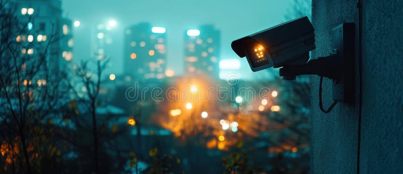 Night City Surveillance Security Camera on Building Wall Stock ...