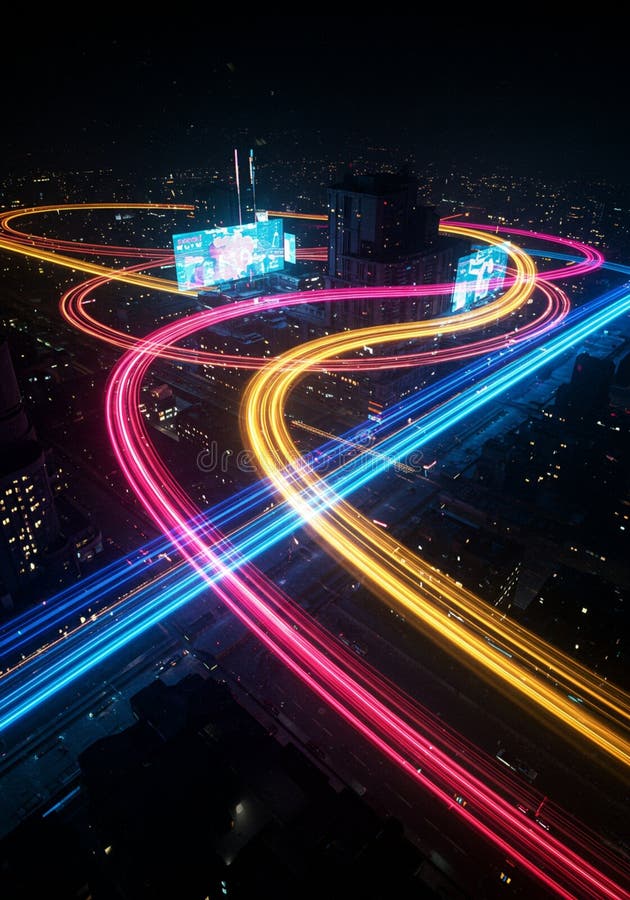 Night City Traffic Light Trails Aerial View Stock Illustration ...