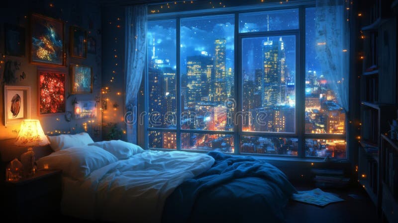 Night City View from Cozy Bedroom Window Stock Illustration ...
