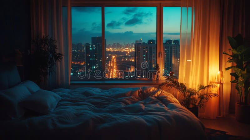 Night City View from Cozy Bedroom Window Stock Illustration ...