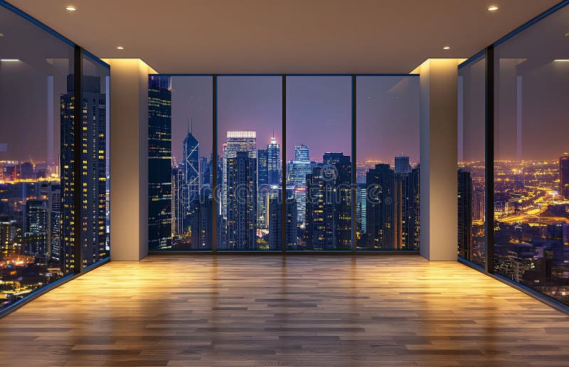 Night City View in Empty Room with Panorama Window Stock Illustration ...