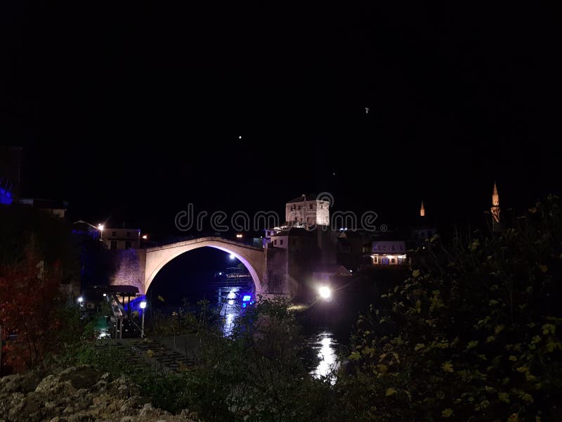Night Mostar cityscape stock image. Image of mostar - 132962739