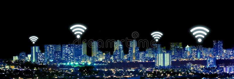 Night, City and Wireless Network or Internet with Neon Overlay, Lights ...
