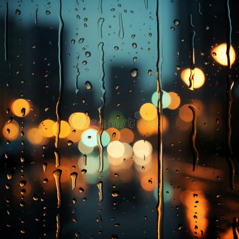 Night Citys Lights Diffuse through Glass, Raindrops Creating a Dreamy ...