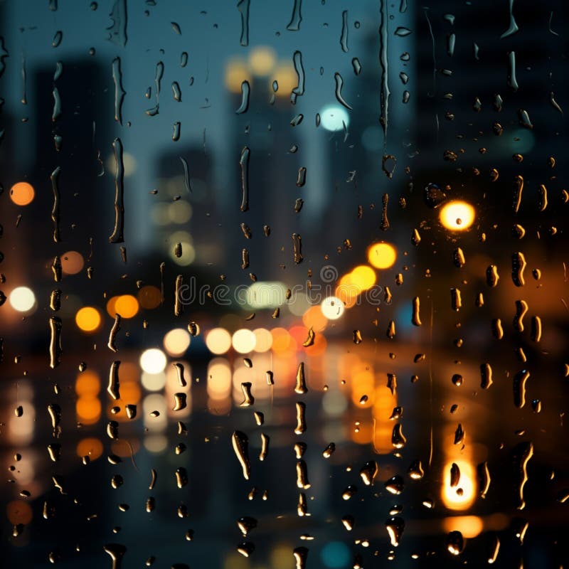 Night Citys Lights Diffuse through Glass, Raindrops Creating a Dreamy ...