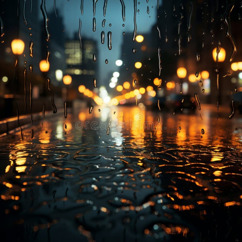 Night Citys Lights Diffuse through Glass, Raindrops Creating a Dreamy ...
