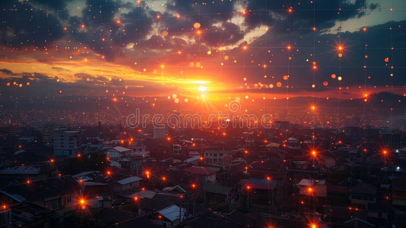 Night Cityscape from Above with Digital Data Transmission Light Grid ...