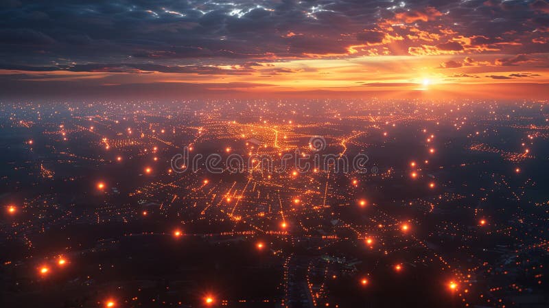 Night Cityscape from Above with Network Light Grid Connection Stock ...