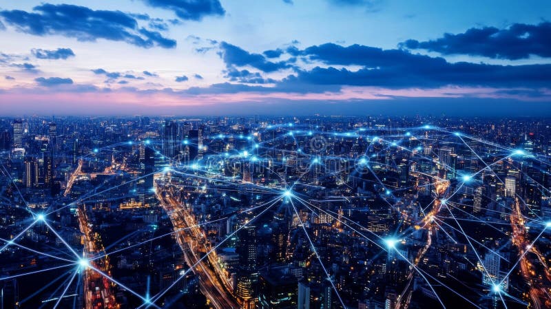 Night Cityscape Aerial View Showing Illuminated Network Connections ...