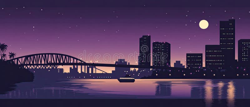"NIGHT CITYSCAPE with BRIDGE and MOON REFLECTION" Stock Illustration ...