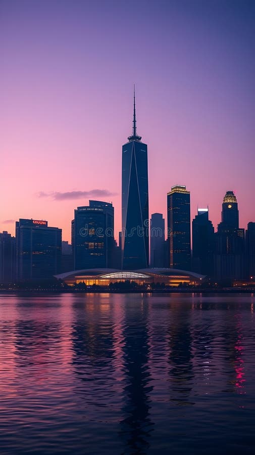 Night Cityscape with Building Lights Reflected on a Lake Stock ...