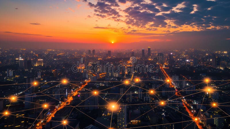 Night Cityscape with Buildings and Infrastructure Connected with ...