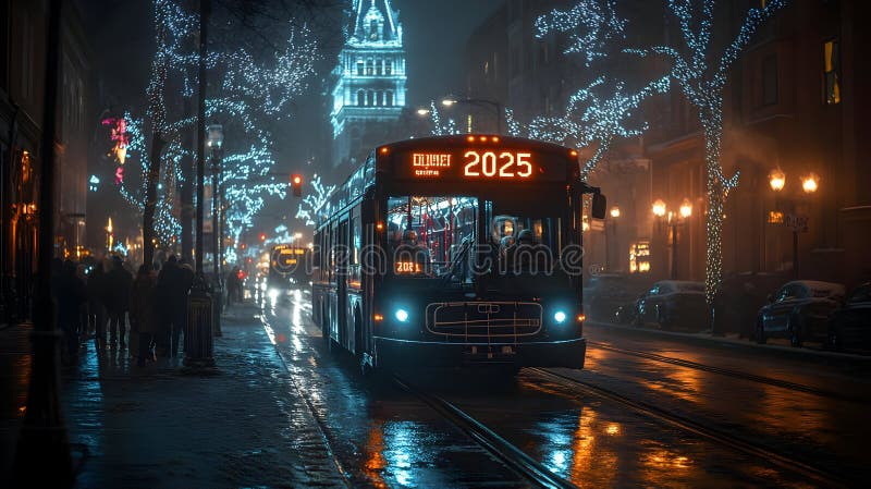 Night Cityscape with Bus and Streetlights Illustration Stock ...