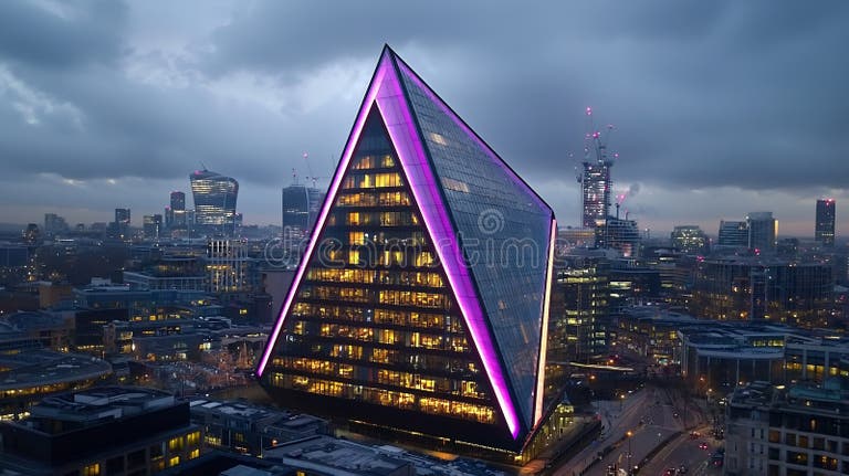 Modern Triangular Building Illuminated at Night in City Stock ...