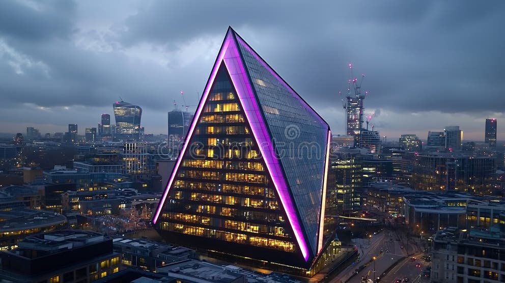 Modern Triangular Building Illuminated at Night in City Stock ...