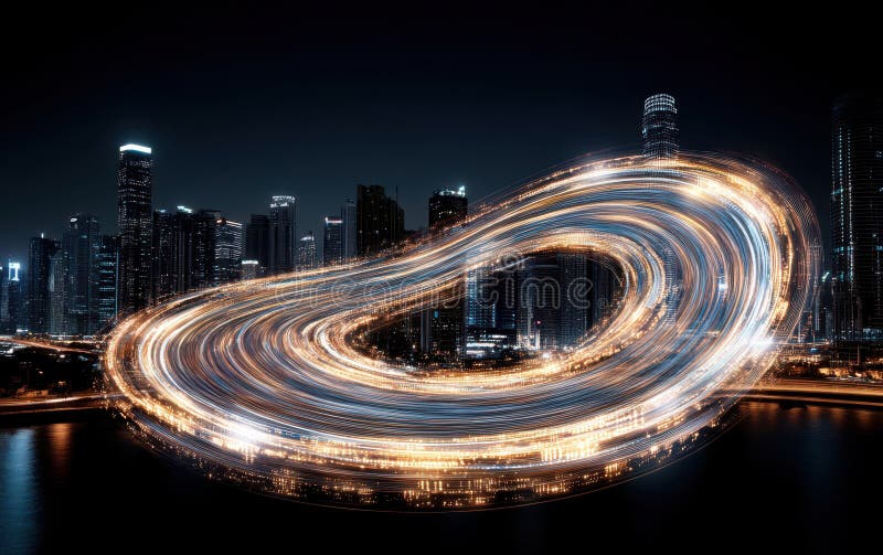 Night Cityscape Featuring Vibrant Light Trails Captured in a Long ...