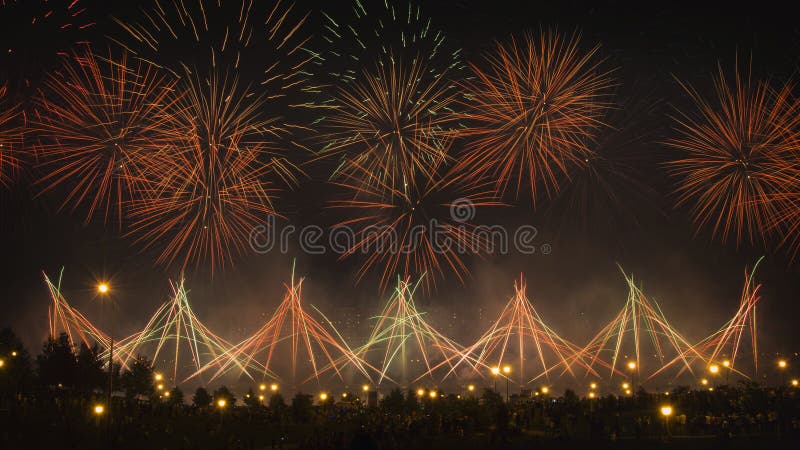 Night Cityscape of Festive Fireworks. Patterns of Fireworks in Night ...
