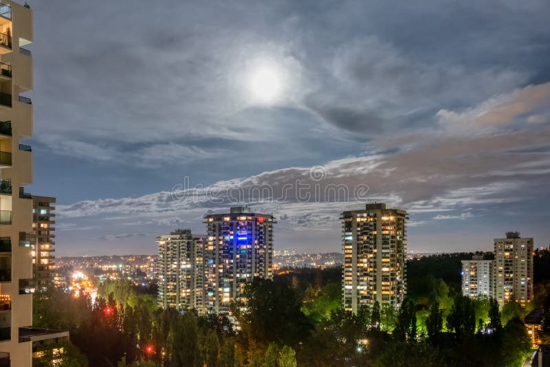 Night Cityscape with Full Moon in Clouds Stock Photo - Image of home ...