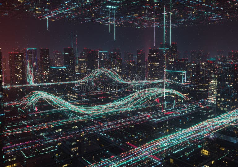 Night Cityscape with Glowing Traffic and Data Streams Stock ...