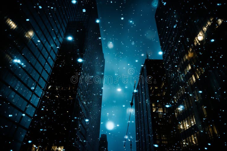 Night Cityscape with Glowing Windows, Creating Scattered Pattern ...