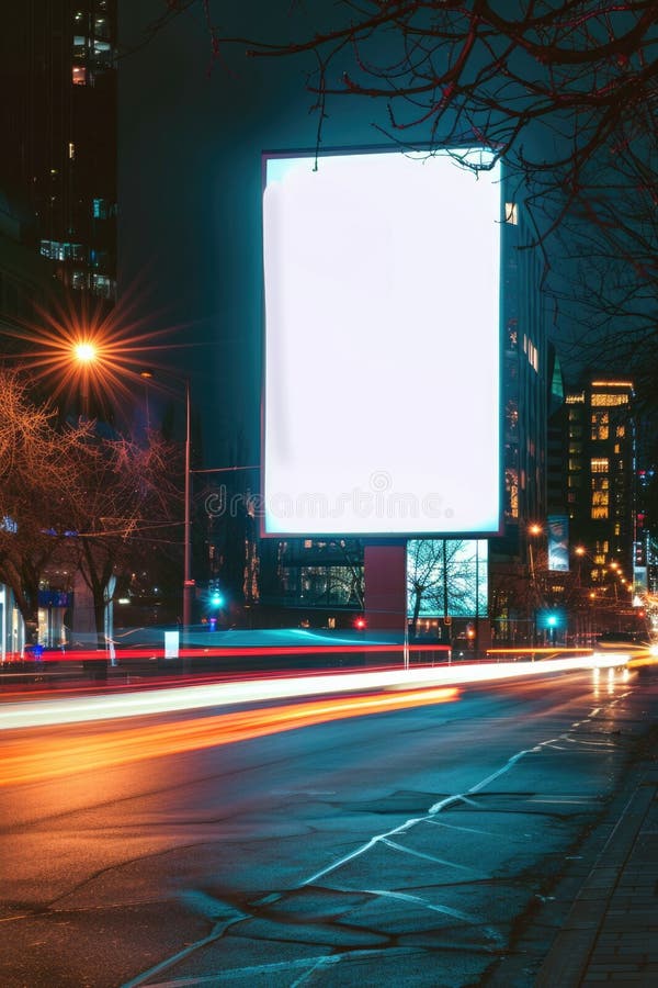 Night Cityscape with Illuminated Empty Billboard on Street Stock Photo ...