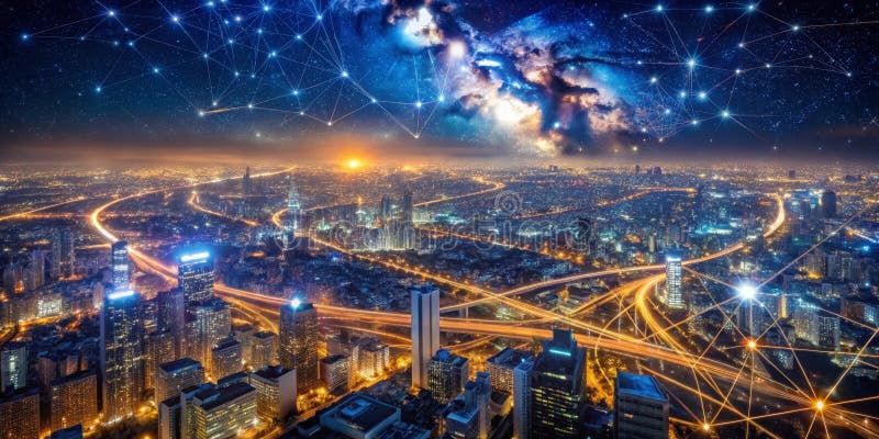 Night Cityscape Illuminated, Showcasing a Complex Network of ...