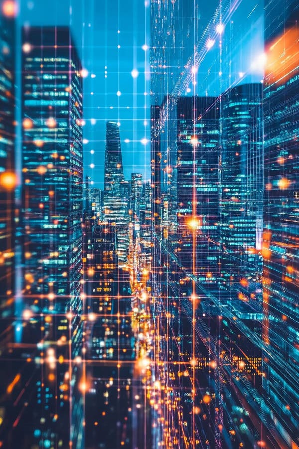 Night Cityscape with Illuminated Skyscrapers and Abstract Digital ...