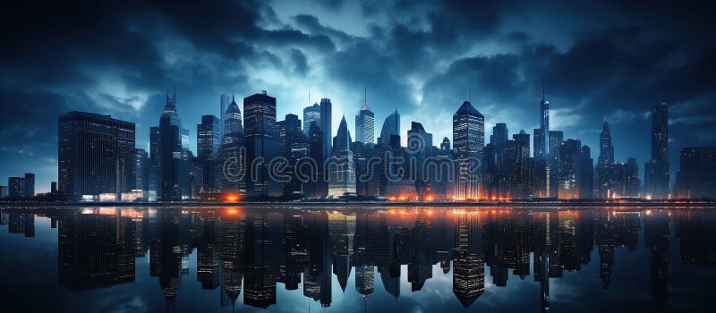 Night Cityscape with Illuminated Skyscrapers and Reflection on the ...