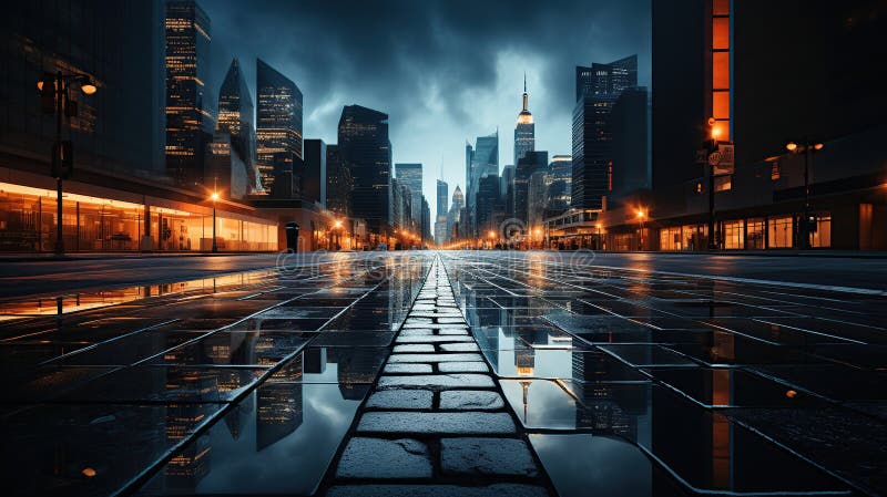 Night Cityscape with Illuminated Skyscrapers and Reflection on the ...