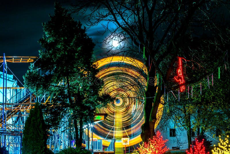Night Cityscape and Illumination in an Amusement Park Editorial Photo ...