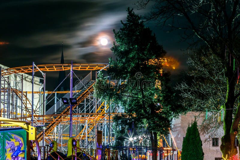 Night Cityscape and Illumination in an Amusement Park Editorial Image ...
