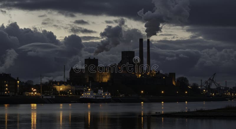 Night Cityscape: Industrial Riverfront at Dusk Stock Illustration ...