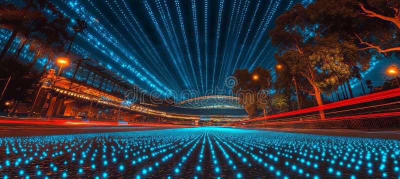 Night Cityscape with a Light Installation and Streaks from Bright Car ...