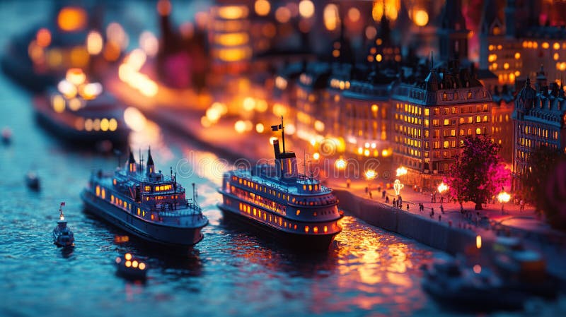 Night Cityscape Miniature Model with Illuminated Buildings, River, and ...
