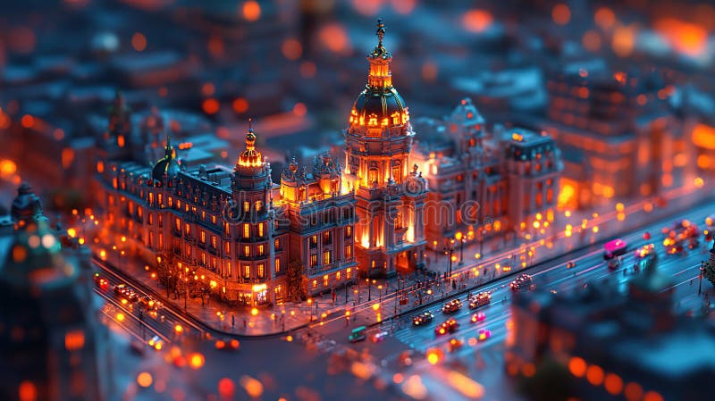 Night Cityscape Miniature Model with Illuminated Buildings and Streets ...