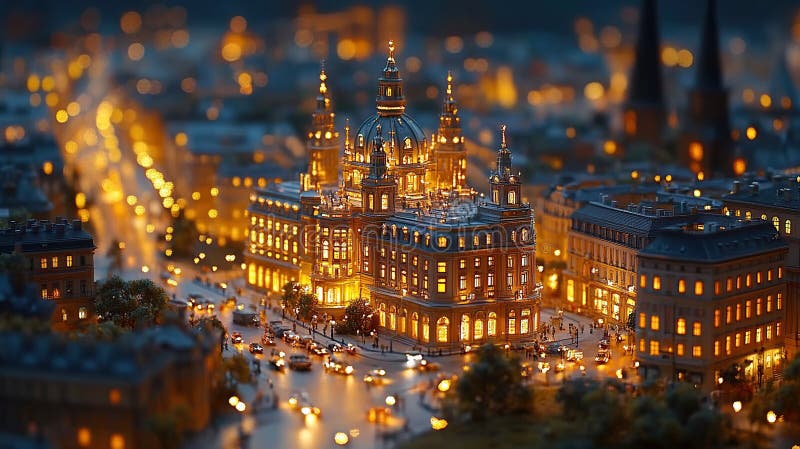 Night Cityscape Miniature Model with Illuminated Buildings and Streets ...