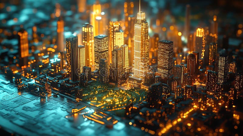 Night Cityscape Model with Illuminated Buildings and Park Stock ...