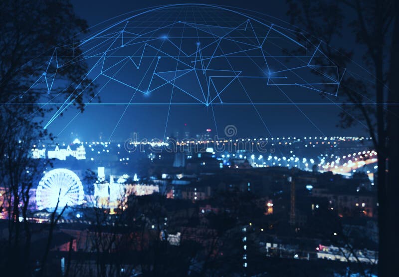 Cityscape and Network Connection Lines. Cloud Technology Stock Photo ... Cityscape and Network Connection Lines. Cloud Technology Stock Photo ...