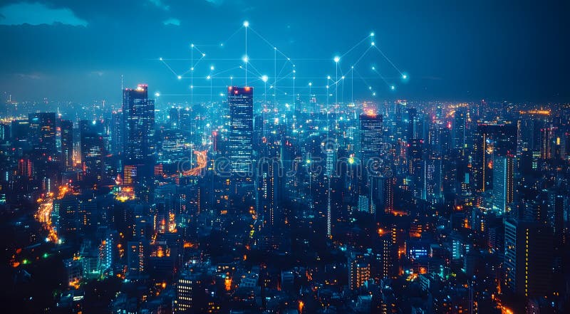 Night Cityscape Network Connectivity and Modern Architecture Digital ...