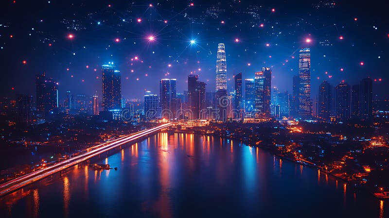 Night Cityscape, Network Data Flow, River, Bridge, Futuristic Stock ...