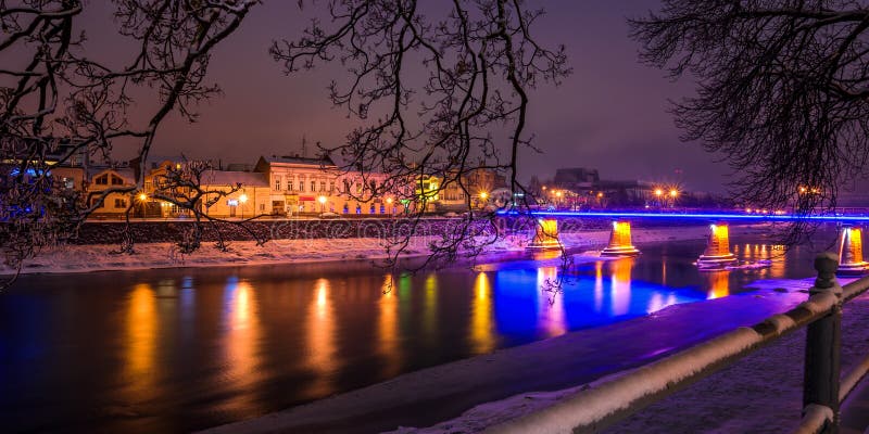 Night Cityscape Panorama of Old Town in Winter Stock Photo - Image of ...