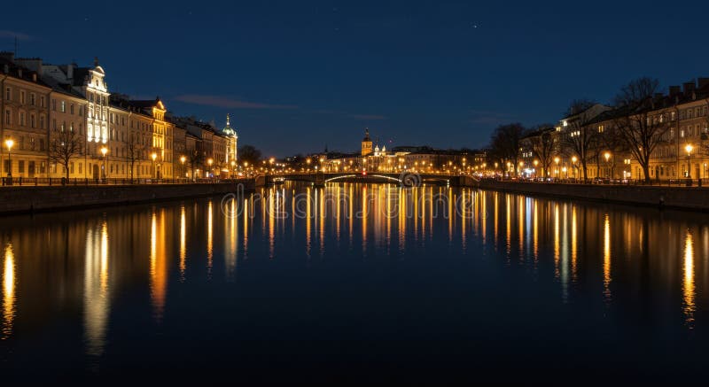 Night Cityscape with River Reflections and Building Lights Stock ...