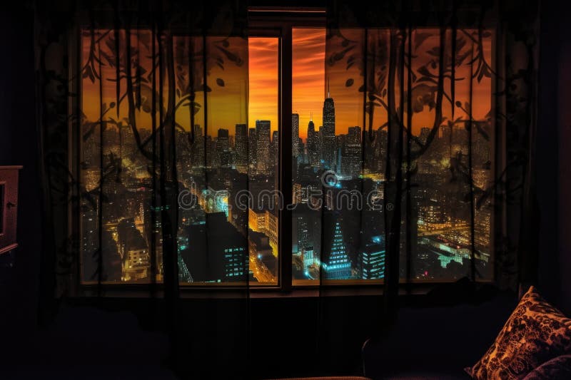 Night Cityscape Silhouette through Semi-transparent Curtain Stock ...