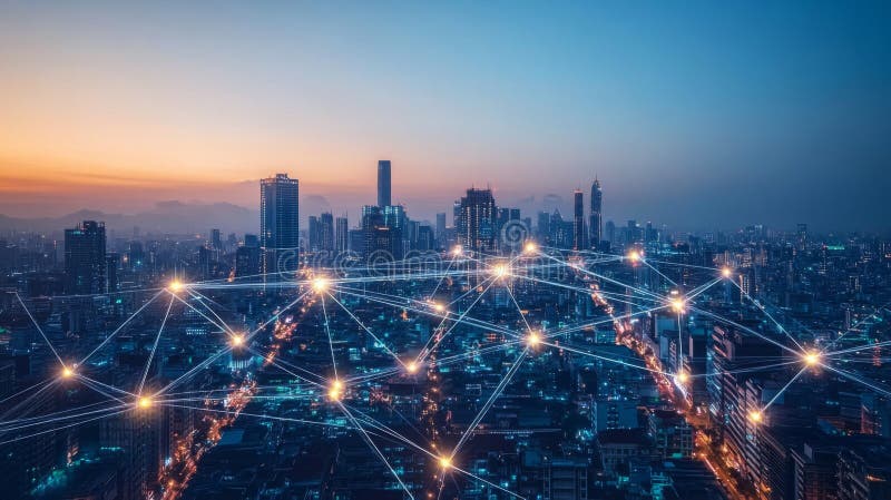 Night Cityscape Skyline Illuminated with Network Connections Stock ...