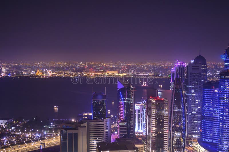 Night Cityscape with Skyscrapers in Downtown Qatar Doha Stock Image ...