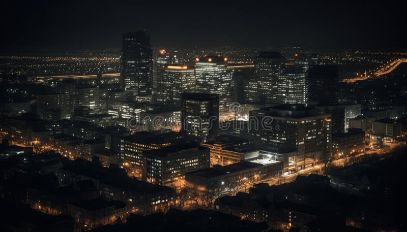 Night Cityscape with Skyscrapers, Urban Skyline, and High Angle View ...