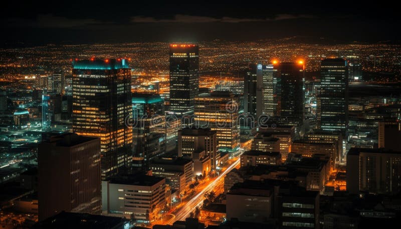 Night Cityscape with Skyscrapers, Urban Skyline, and High Angle View ...